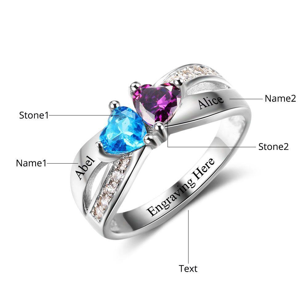 Sterling Silver Promise Ring with 2 Heart Birthstones and Criss Cross ...