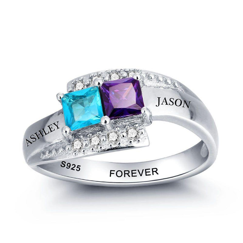 Sterling Silver Promise Ring with 2 Square Birthstones, Accents and En ...