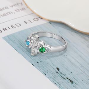 Sterling Silver Religious Cross Ring with 2 Round Birthstones ...